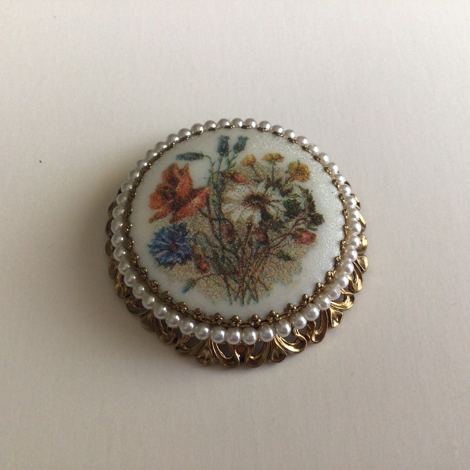West Germany Sugar Glass Floral Brooch: 1960s Vintage Filigree Jewelry ...