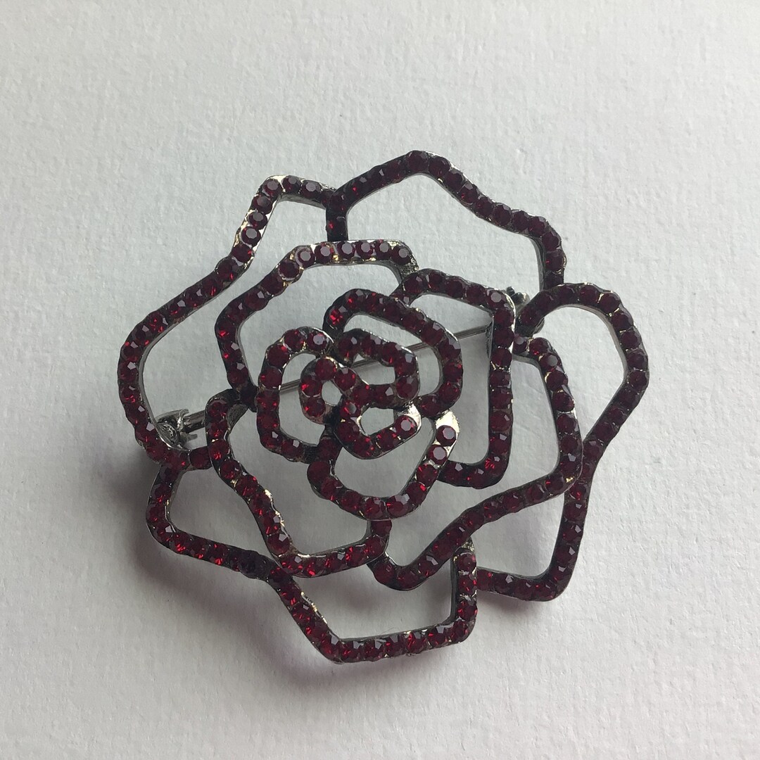 JHS Vintage Rose Outline Brooch.black Color and Garnet Rhinestones. - Etsy