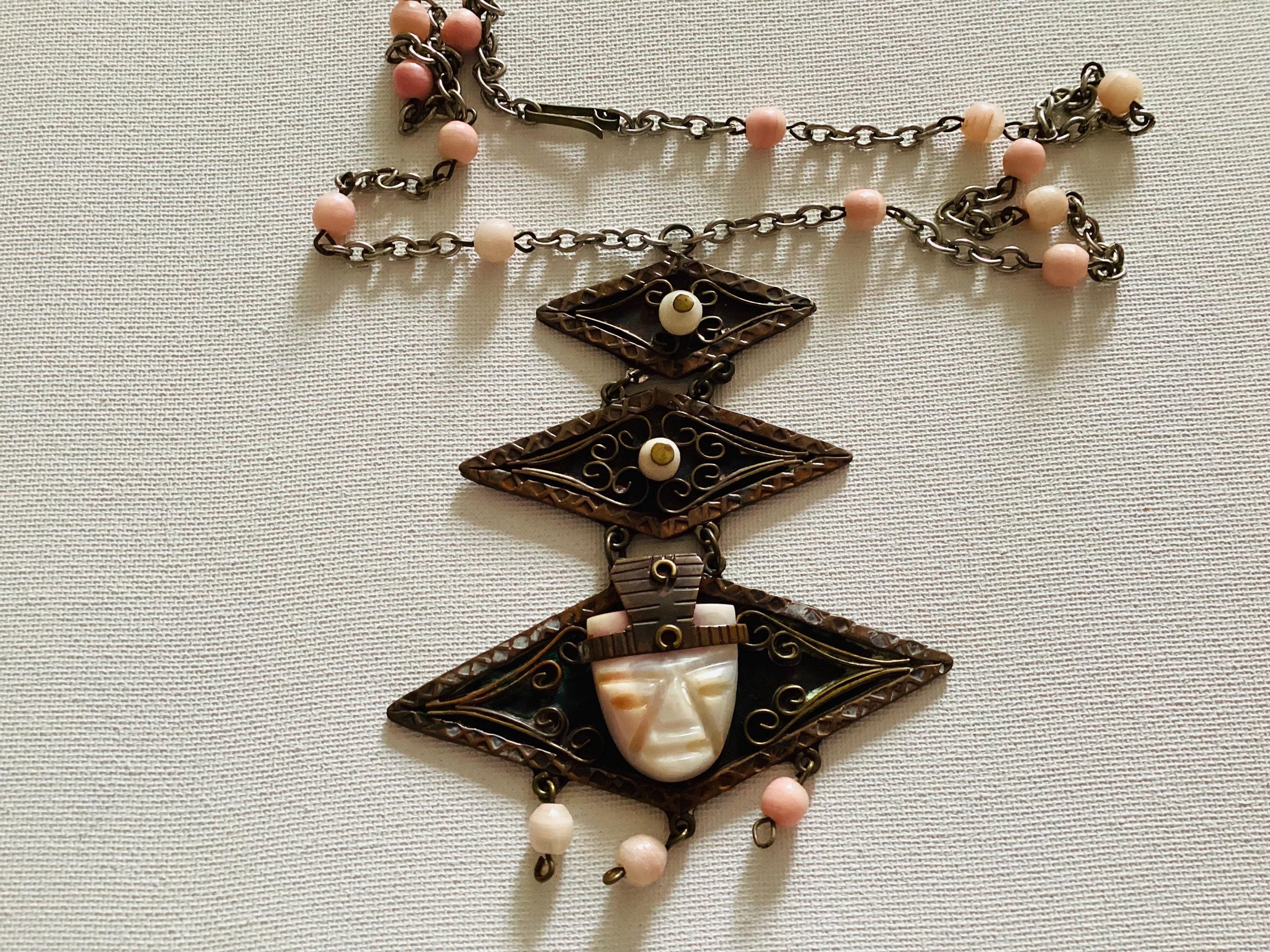 Vintage Copper Myan Aztec Mexico Necklace Carved Head and Beads - Etsy
