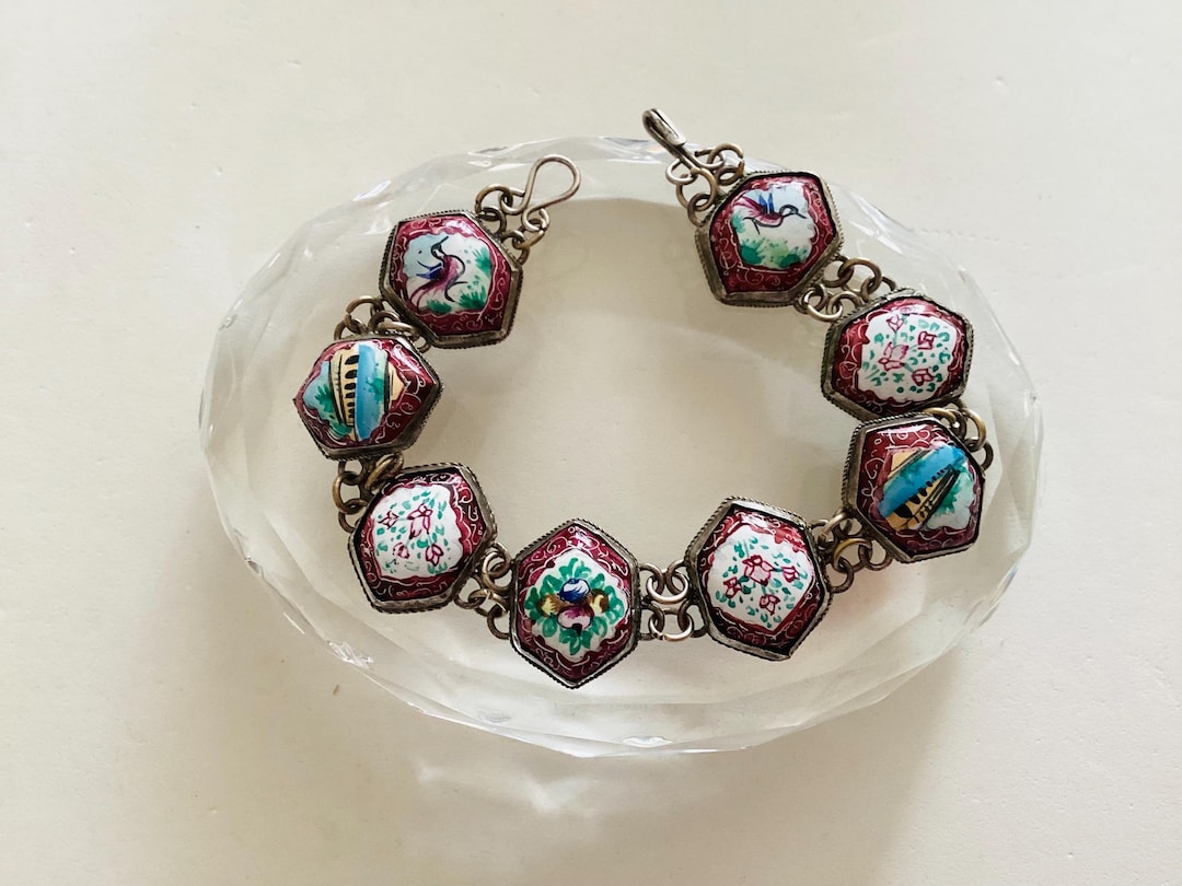 Vintage Silver Enamel Hand Painted Bracelet - Etsy