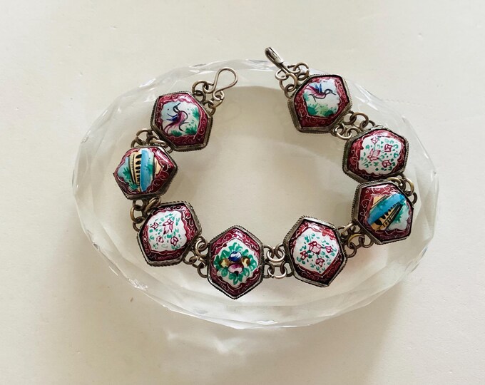 Vintage Silver Enamel Hand Painted Bracelet - Etsy