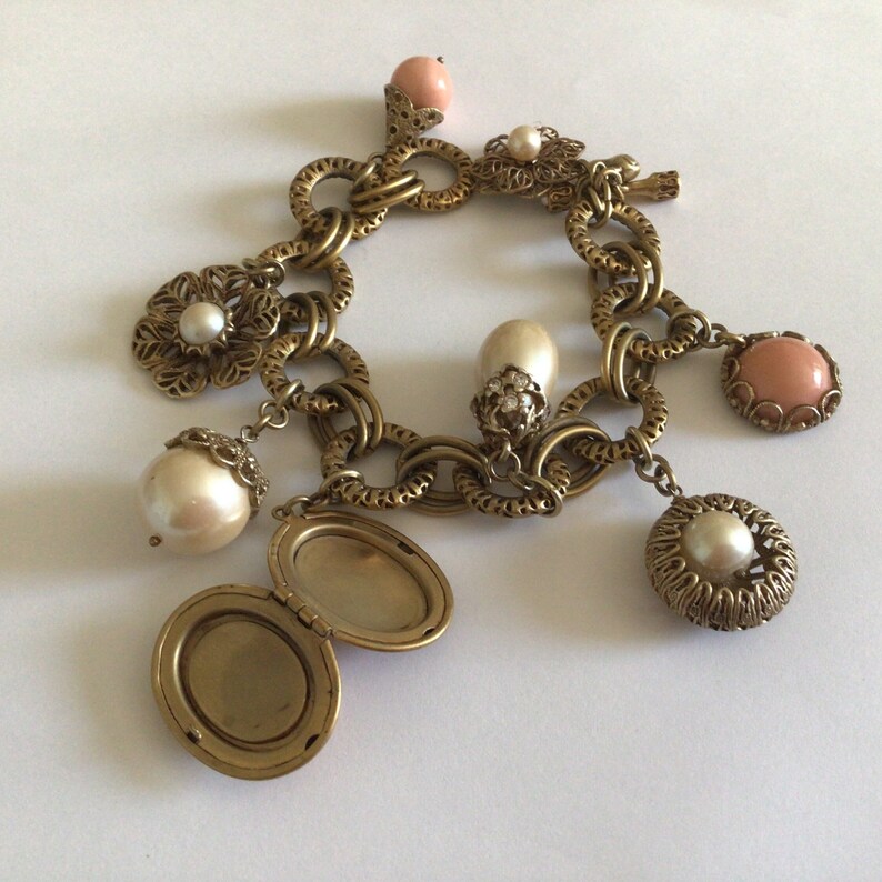 CAROLEE Vintage Bronze Link Bracelet: Faux Pearl Cameo Locket - Etsy