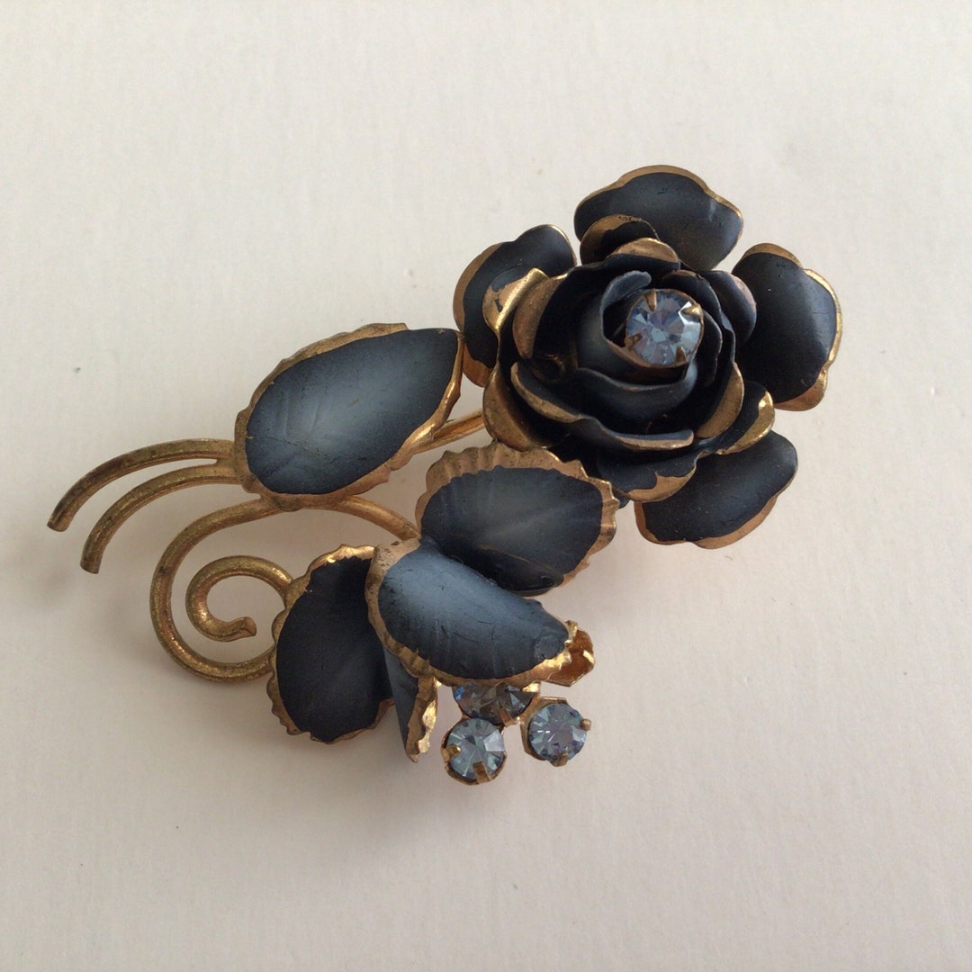Long Stem Blue Rose Pinmade in Austria Vintage Rhinestone Brooch ...
