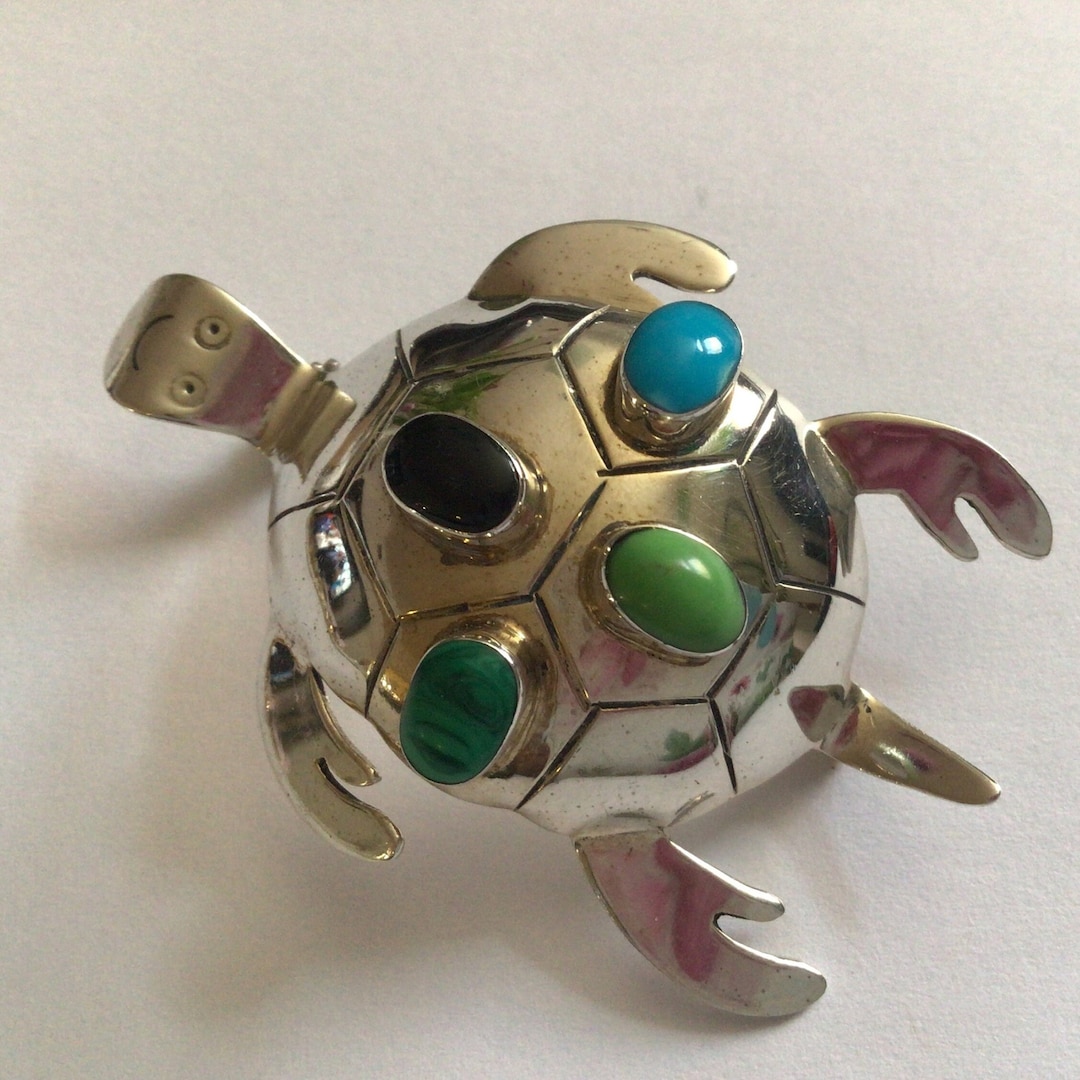 Vintage 925 Silver Turtle Brooch: Mexican Gemstone Cabochon - Etsy