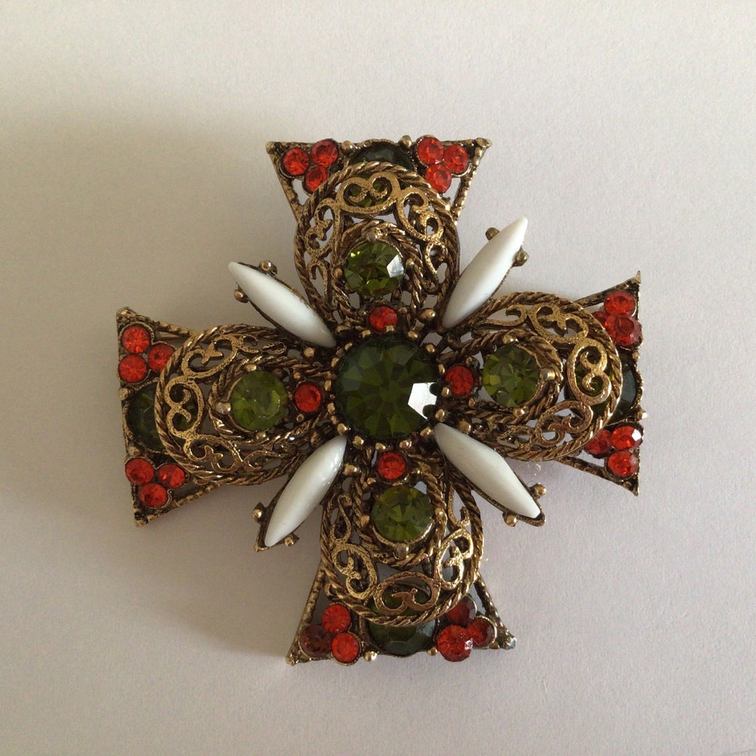 Vintage EMMONS Maltese Cross Brooch.gold Tone.rhinestone Green and ...