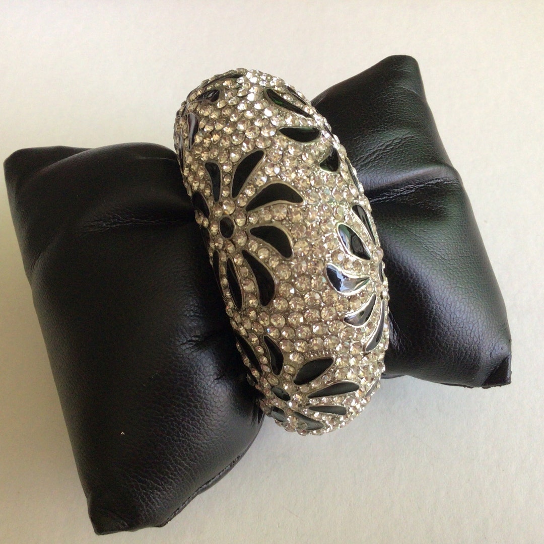 Vintage Silver Tone Crystal Pave Bungle Bracelet.black Enamel.us Size 8 ...