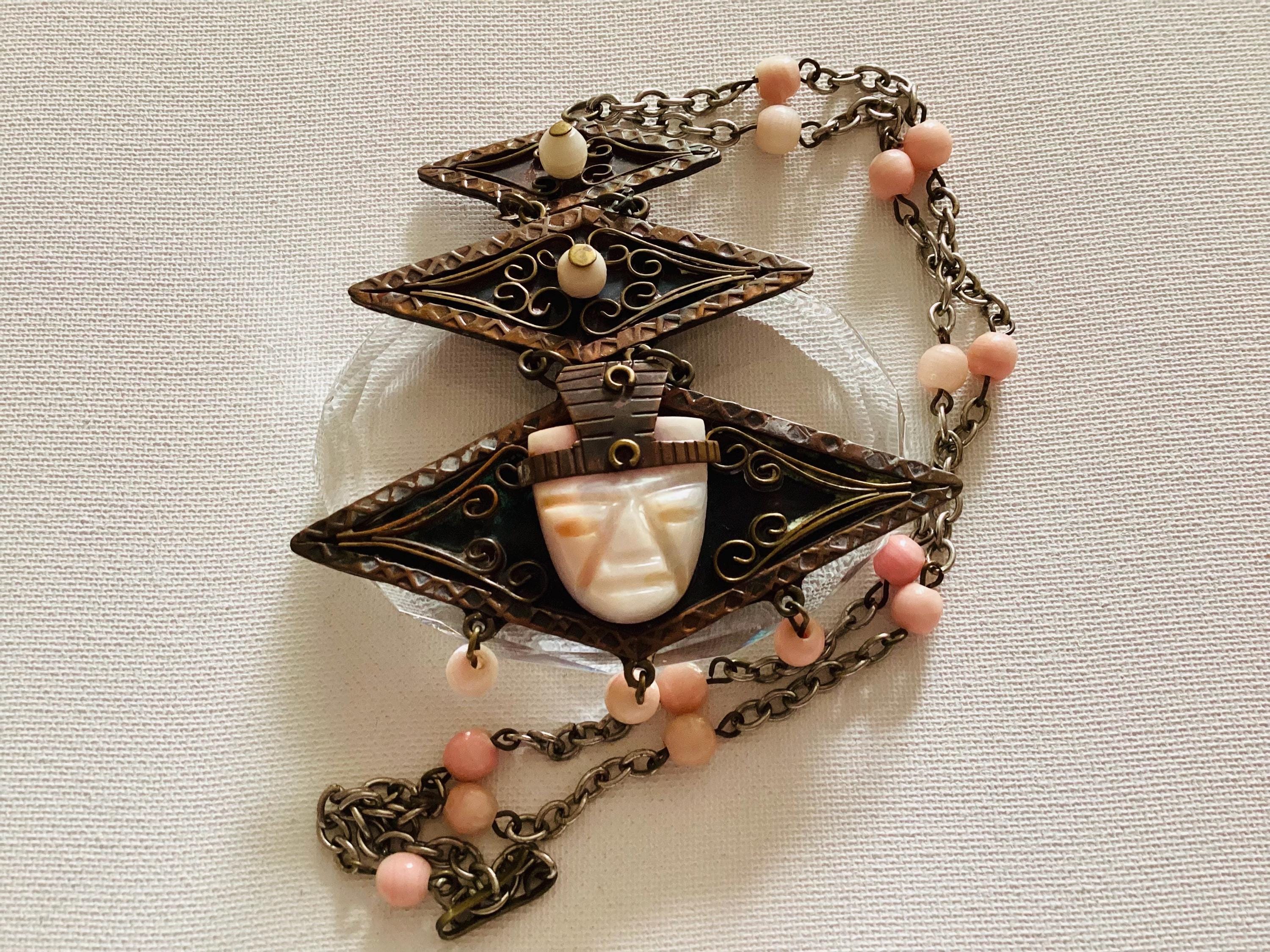 Vintage Copper Myan Aztec Mexico Necklace Carved Head and Beads - Etsy