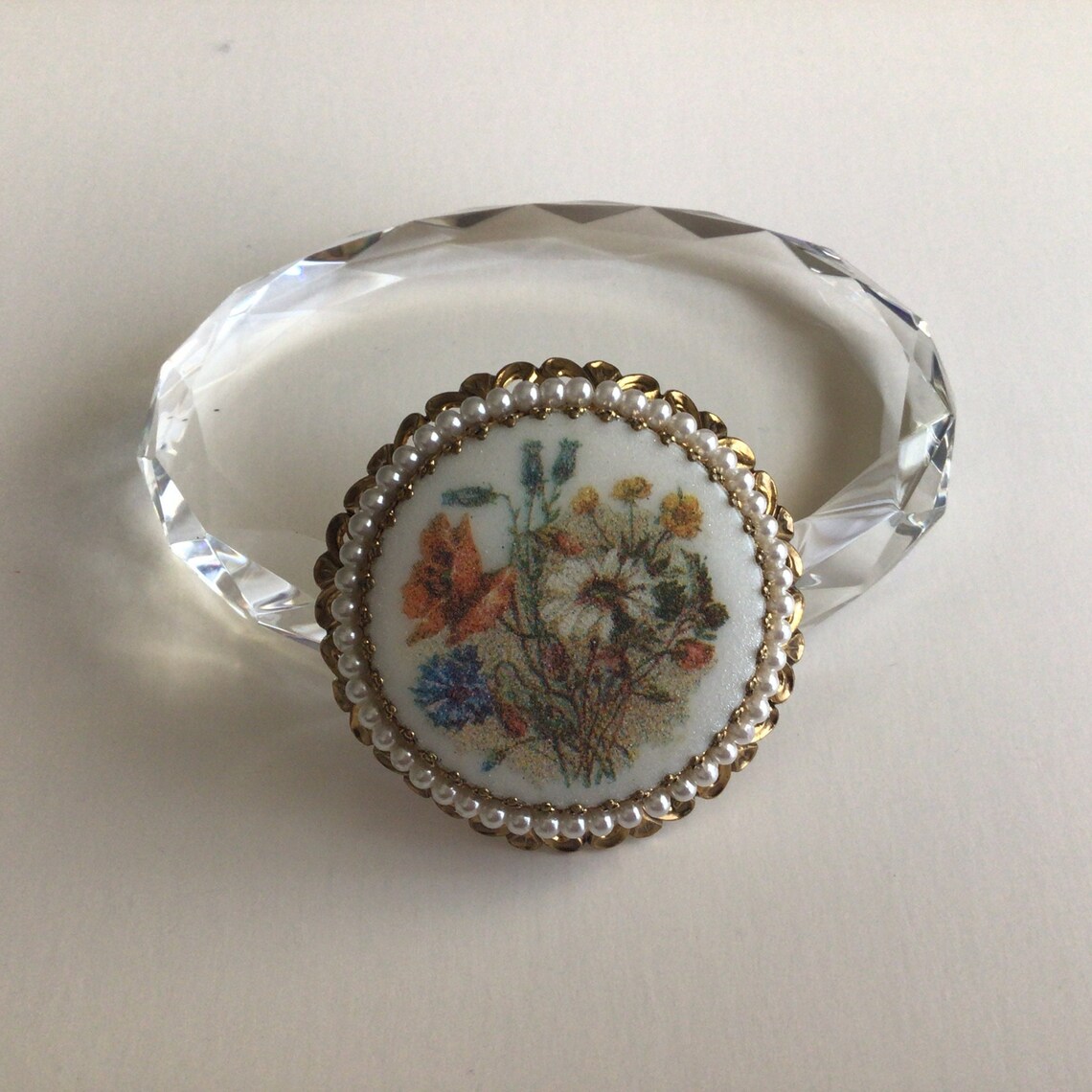 West Germany Sugar Glass Floral Brooch: 1960s Vintage Filigree Jewelry ...