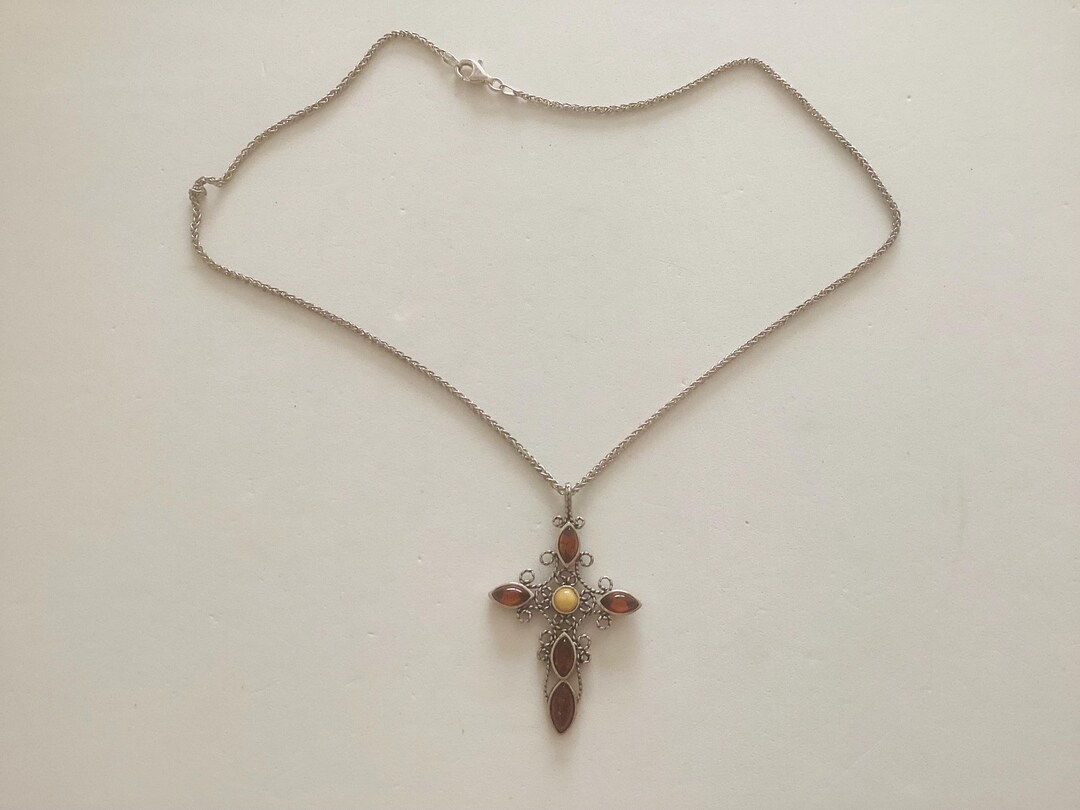 Vintage Sterling Silver Amber Cross Necklace.made in Poland - Etsy