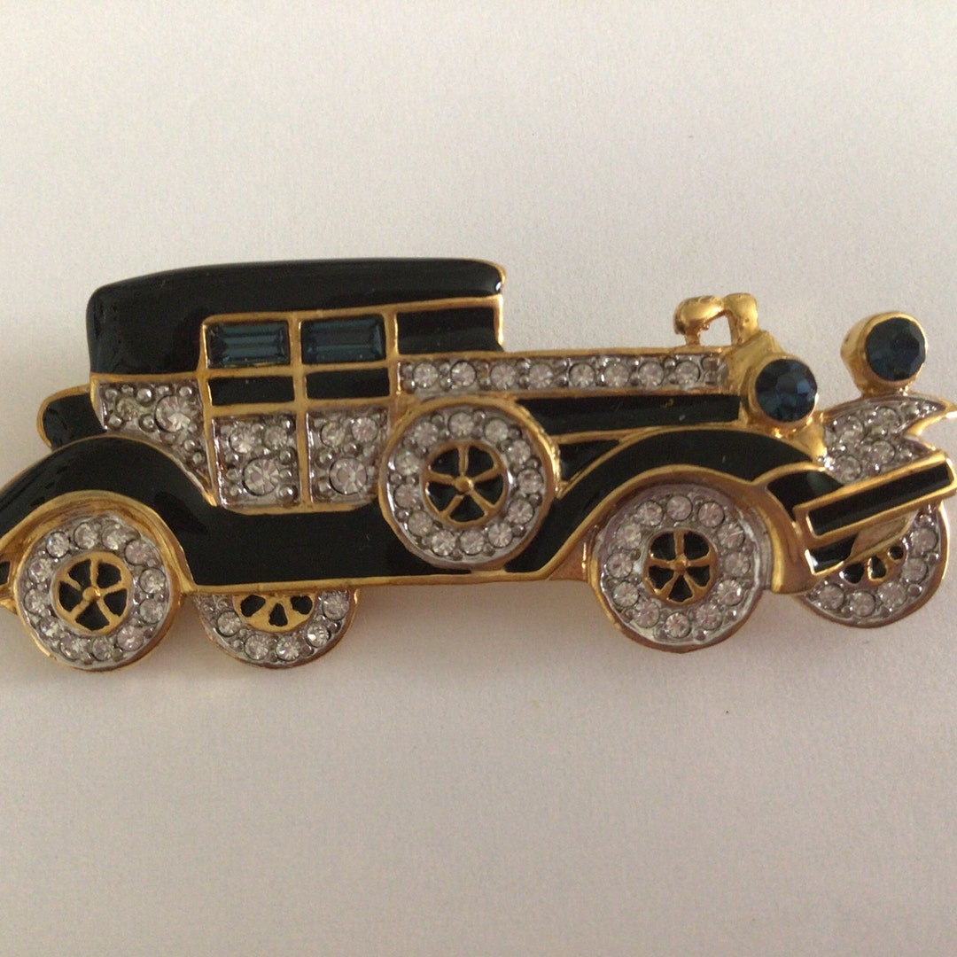 Vintage Car Brooch: 18k Gold Plated, Black Enamel & Swarovski Crystal ...
