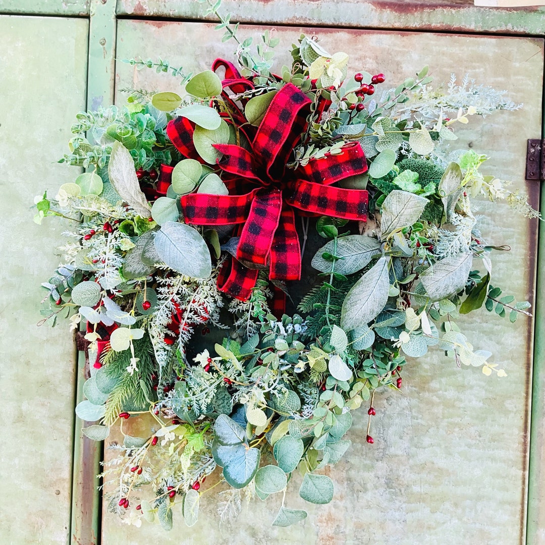 Classic Greenery Wreath With Plaid Bow, Entryway Foyer Wall, Fireplace ...