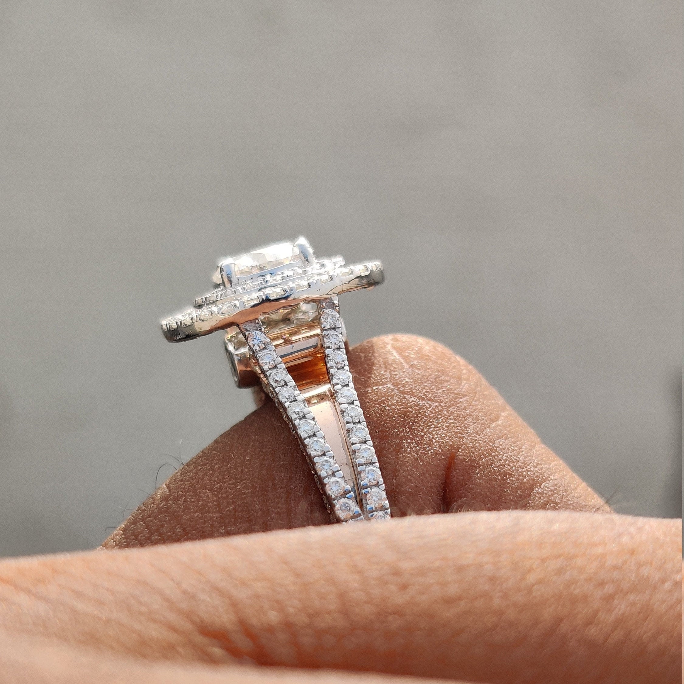 Round Colorless Moissanite Two-Tone Engagement Ring Surprise | Etsy