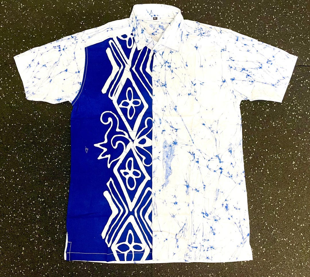 Handmade Sri Lankan Batik Shirt Blue White Geometric Pattern Short ...