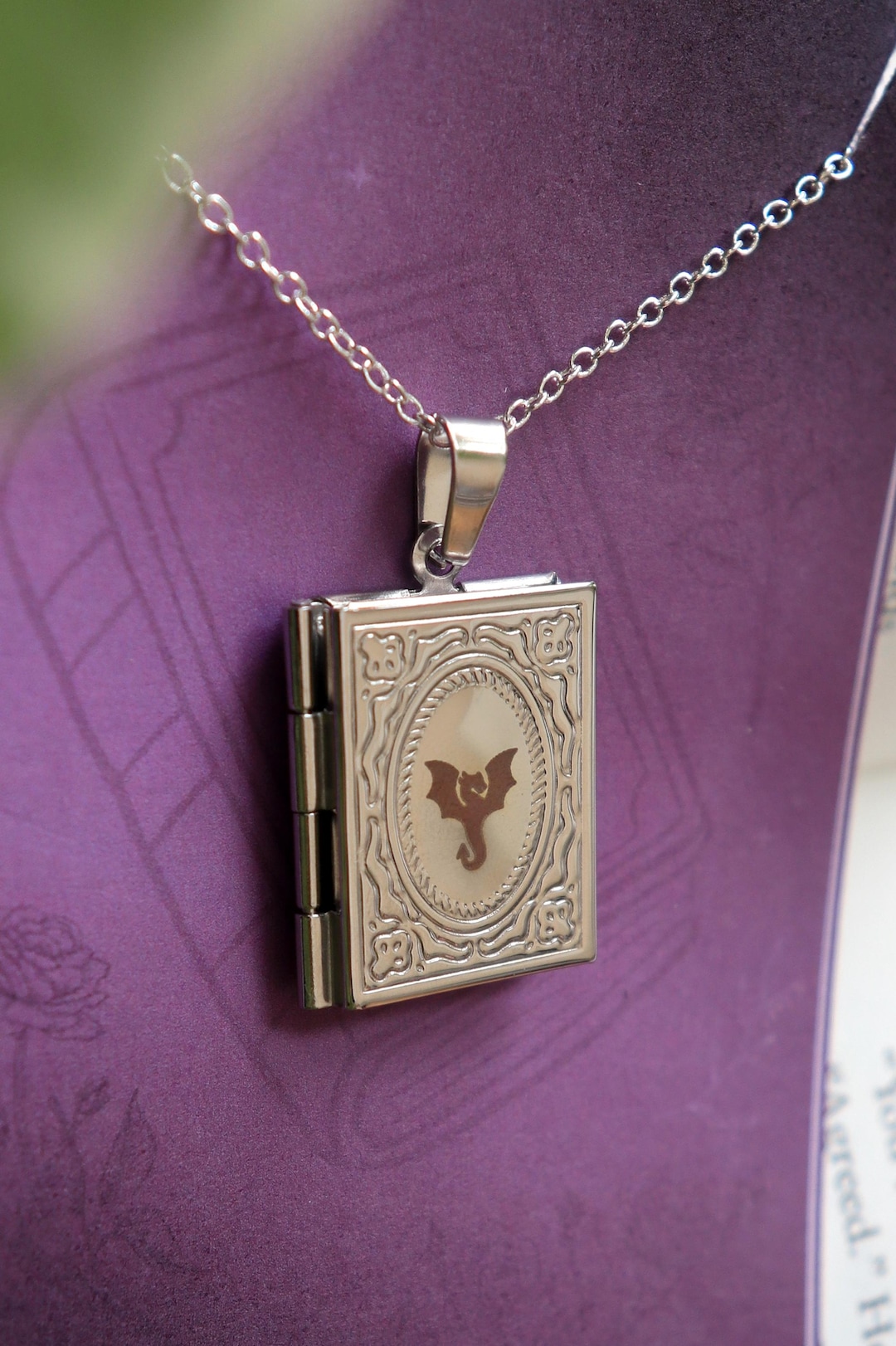 Dragon Book Locket Necklace, Wyvern Pendant Necklace, Silver Gold ...
