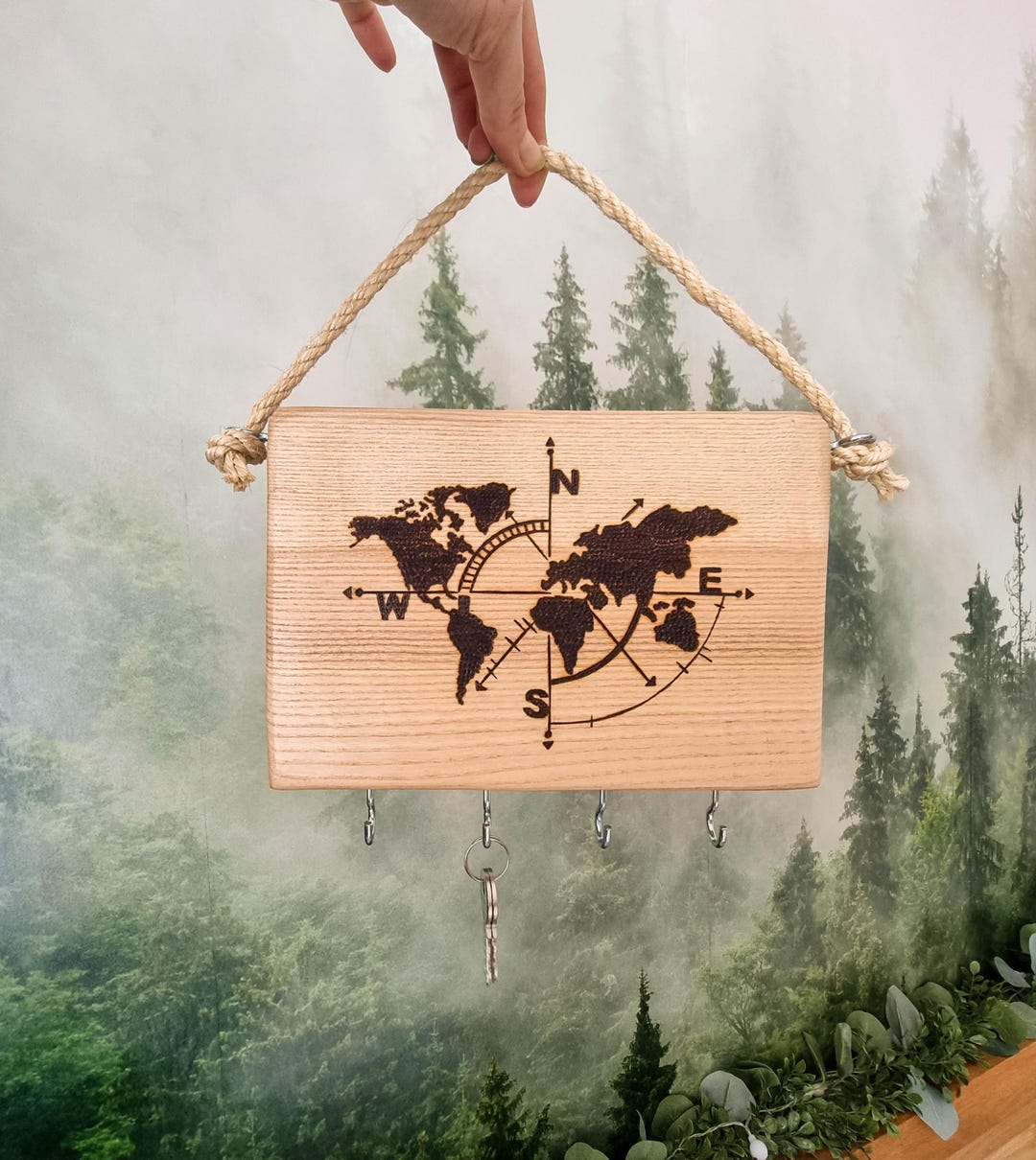 Hand Burned Compass World Map Ash Wood Hat Key Rack Hanger / Handmade ...