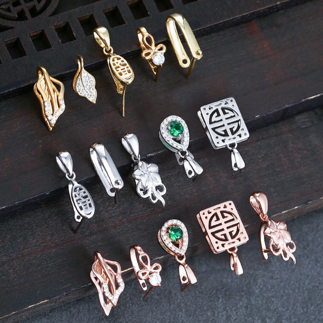 Sterling Silver Pinch Bails, Chinese Word Bail, Green Zircon Bail, Leaf ...