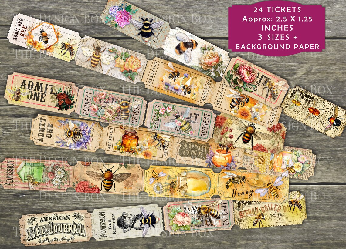 Bee Tickets, Printable Tickets, Junk Journal, Bee, Shabby, Floral ...