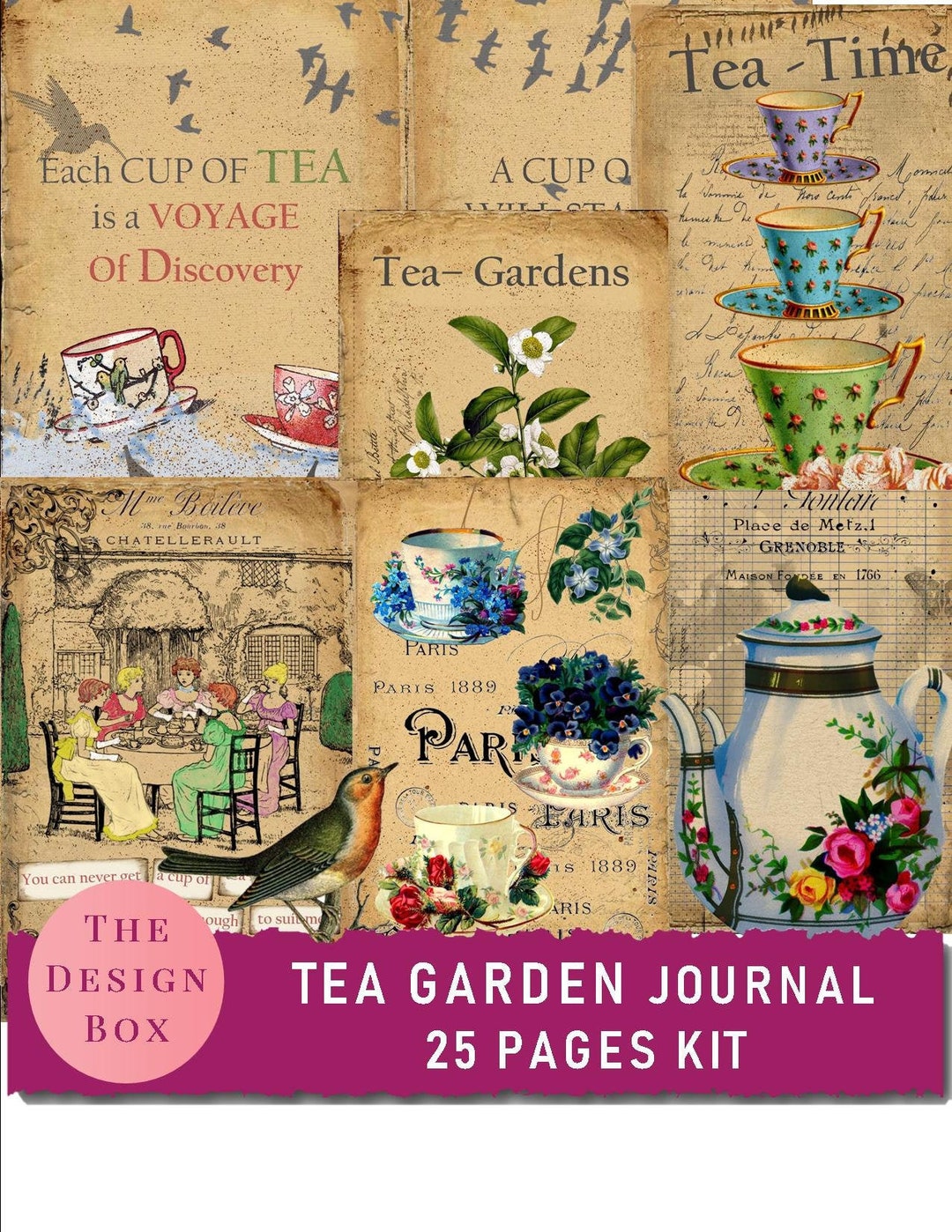 Tea Garden Journal Kit, 25 Pages, Junk Journal Printable, Vintage Junk ...