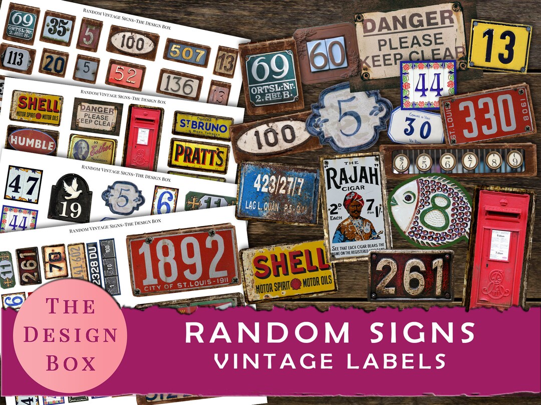Random Vintage Signs, Printable Number Labels, Text Digital Labels ...