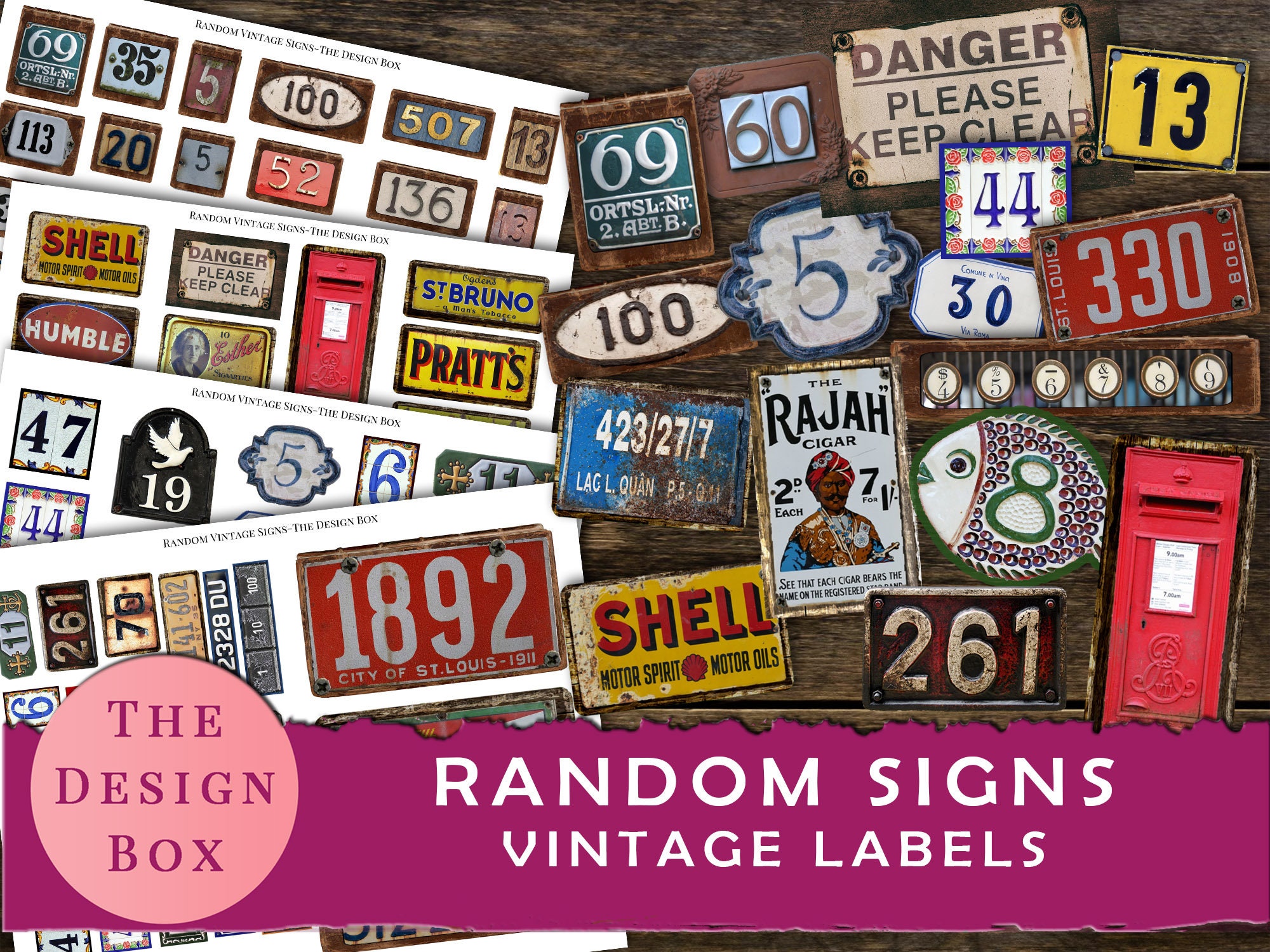 Random Vintage Signs, Printable Number Labels, Text Digital Labels ...