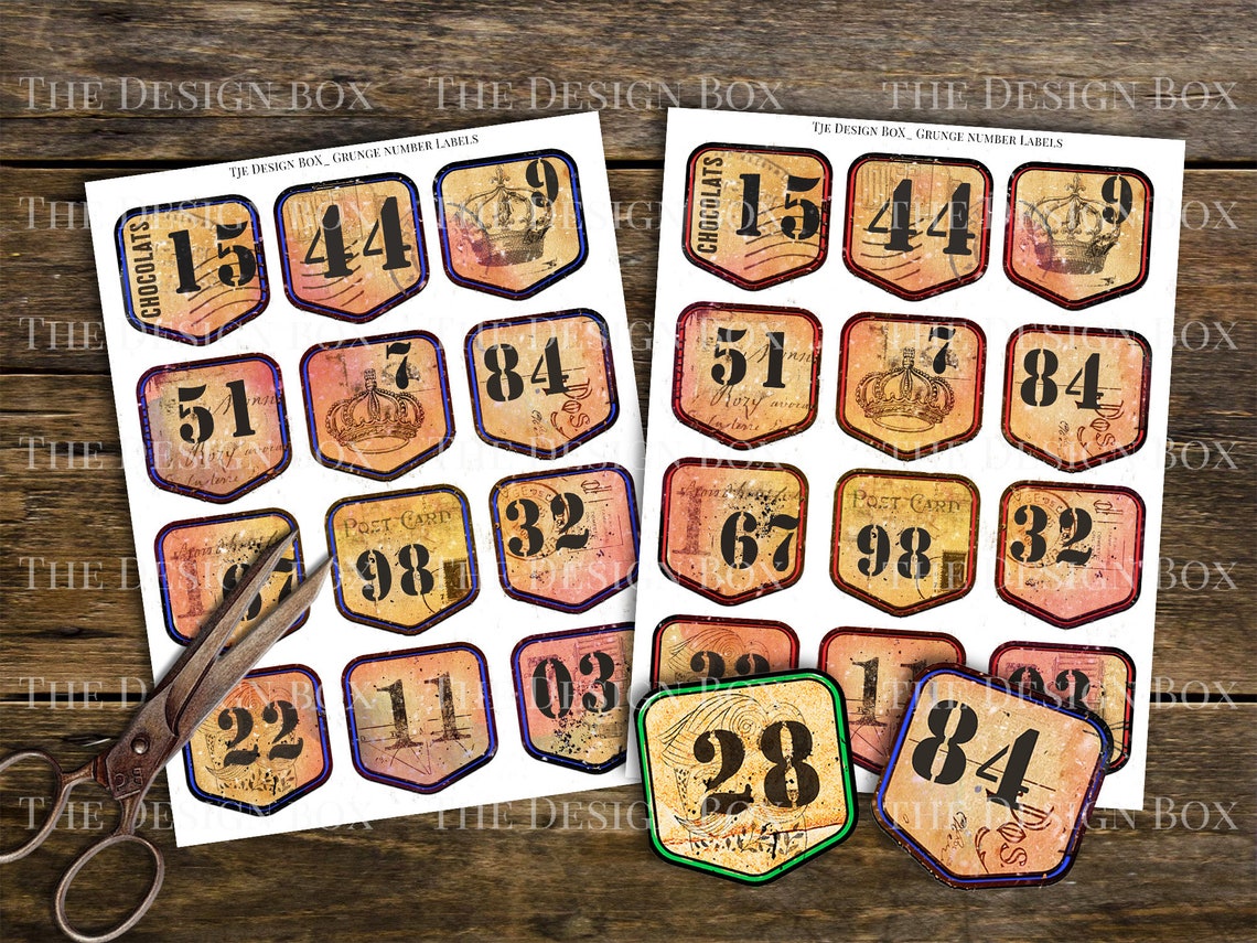 Grunge Number Labels, Printable Labels, Vintage Embellishments, Journal ...
