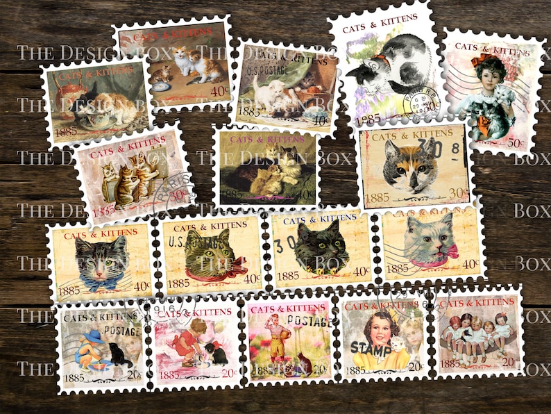 Cats & Kitten Postage Stamps, Printable Stamps, Vintage Cat Ephemera ...