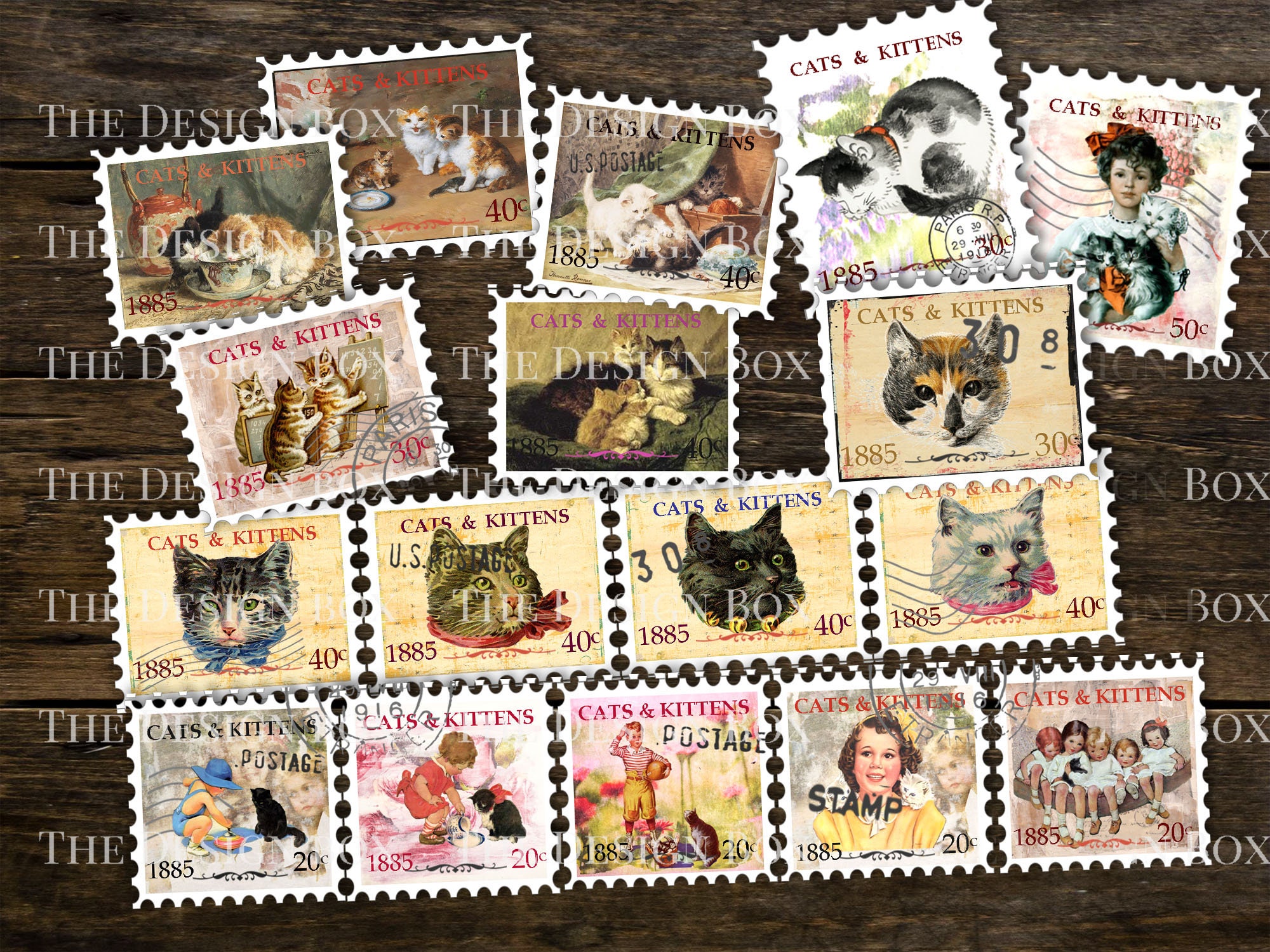Cats & Kitten Postage Stamps, Printable Stamps, Vintage Cat Ephemera ...