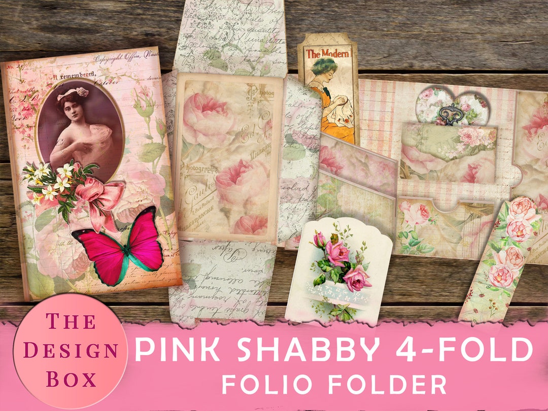 Pink Shabby, 4 Fold Folio, Junk Journal, Vintage, Rose Folding Folio ...
