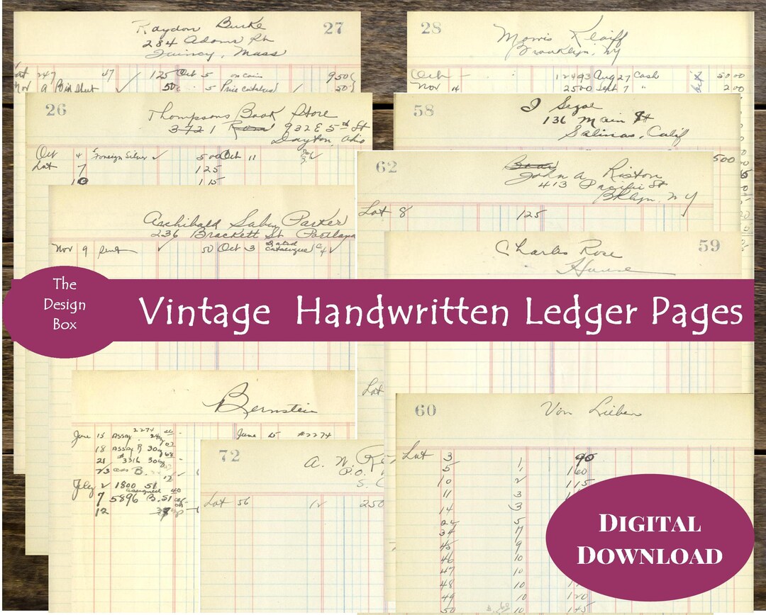 10 Vintage Handwritten Accounts Ledger Pages, Printable, Vintage ...
