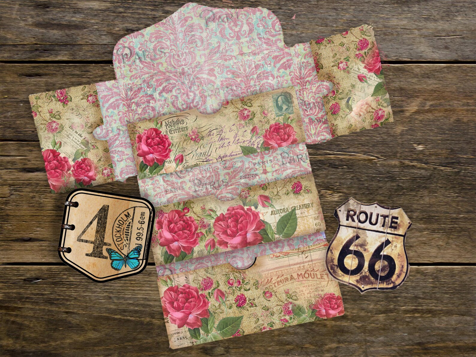 Romantic Rose Wallet Folio, Printable Folio Kit, Rose Junk Journal ...