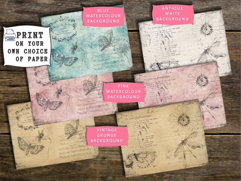 Script & Butterflies, Printable Stamp Paper, Junk Journal, Digital ...