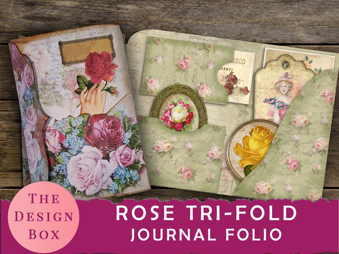 Rose Tri-fold Folio, Junk Journal, Folio Kit, Rose Folder, Journal Insert, Ephemera, Handmade ...