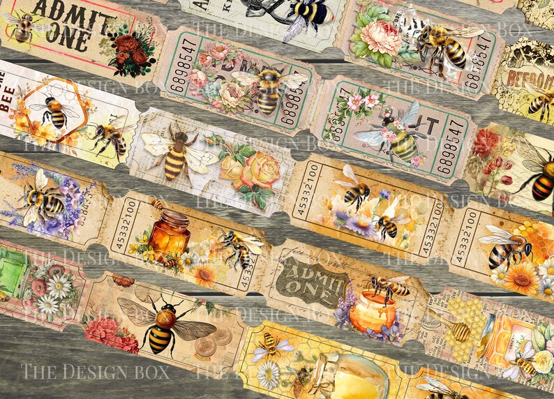 Bee Tickets, Printable Tickets, Junk Journal, Bee, Shabby, Floral ...
