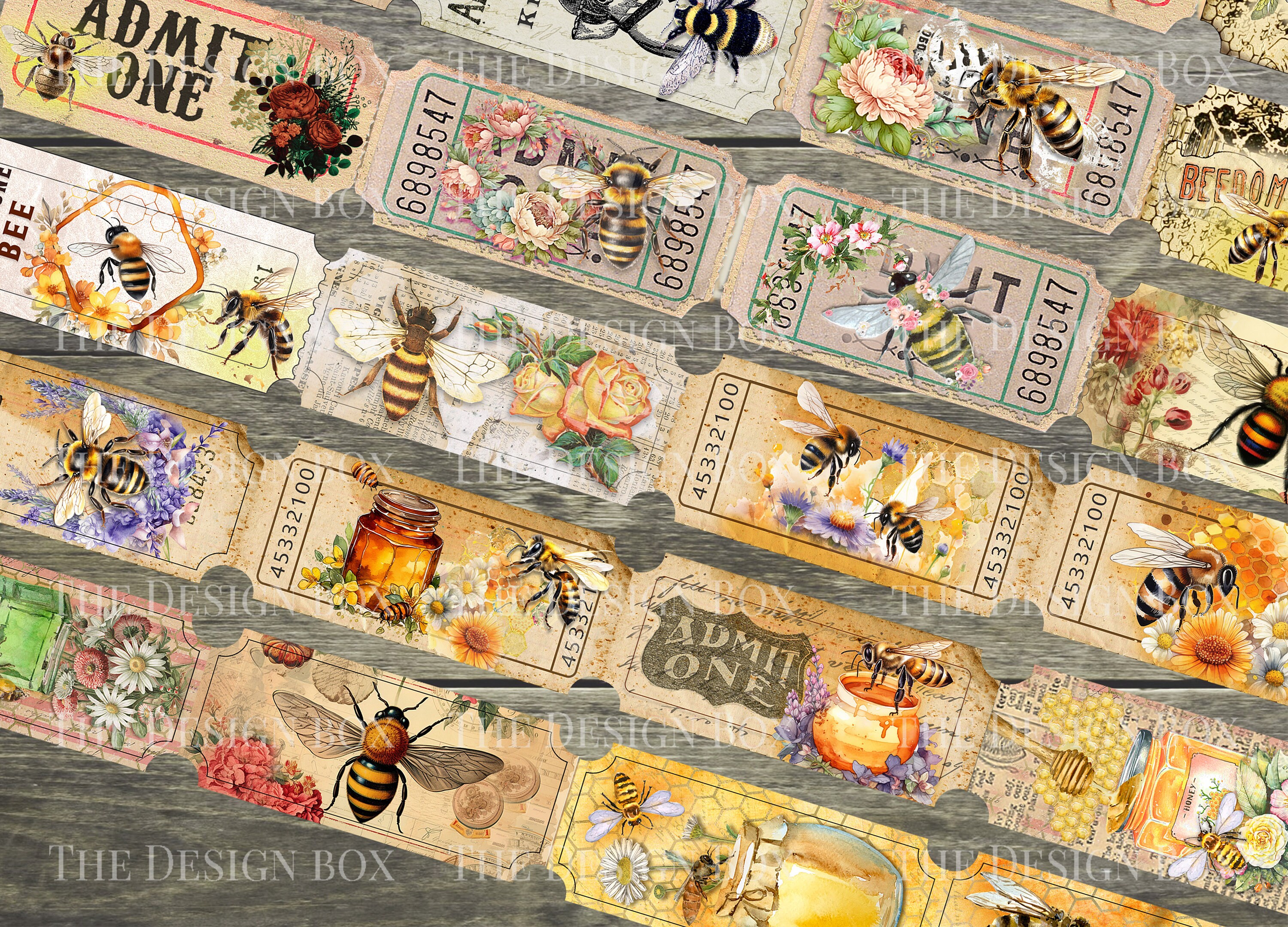 Bee Tickets, Printable Tickets, Junk Journal, Bee, Shabby, Floral ...
