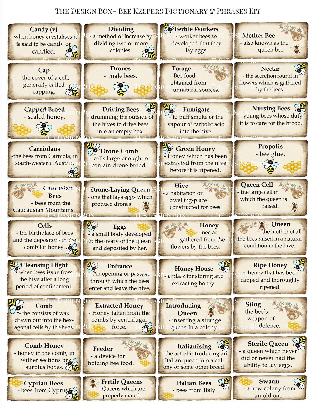 Bee Keeper Dictionary Labels & Tags, Bee Ephemera, Bee Text Labels ...