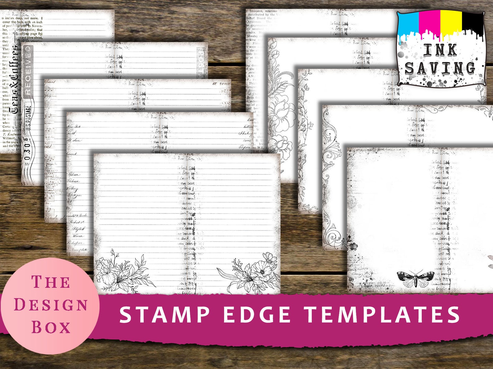 Stamp Edge Grunge, Templates, Ink Saver, Junk Journal, Black and White ...