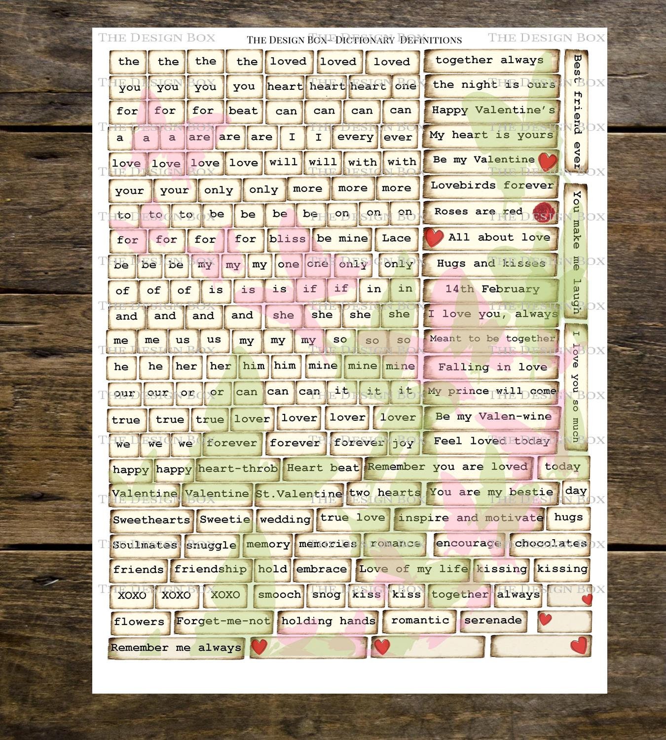 Valentine Dictionary Words, Romantic Words, Valentine Text Labels ...
