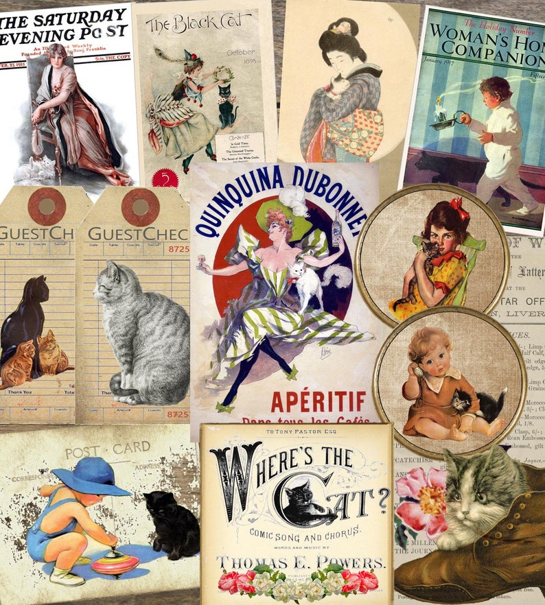 12 Cat & Kitten Ephemera Pack Printable Vintage Cat - Etsy