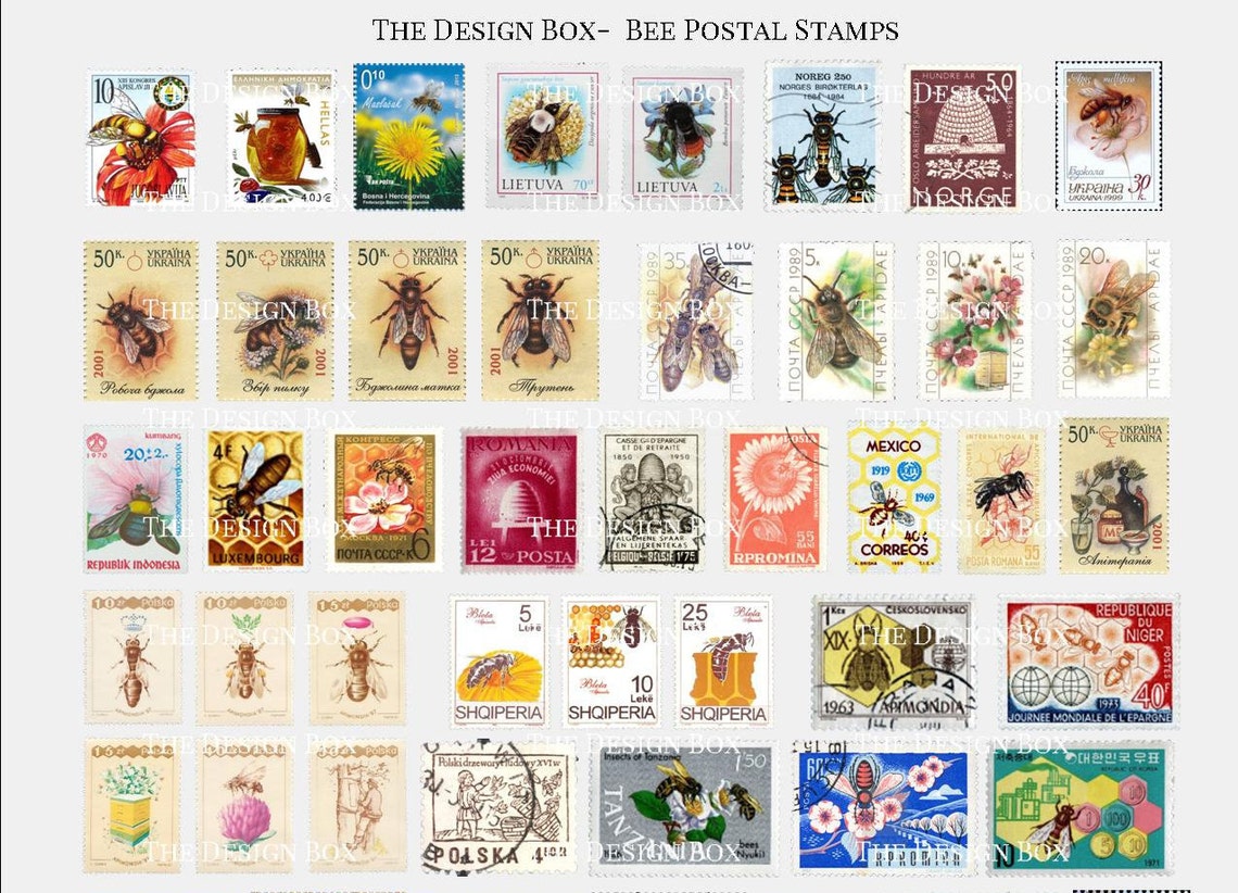 Bee Postage Stamps, Digital Postal Stamps, Vintage Bee Ephemera, Junk ...