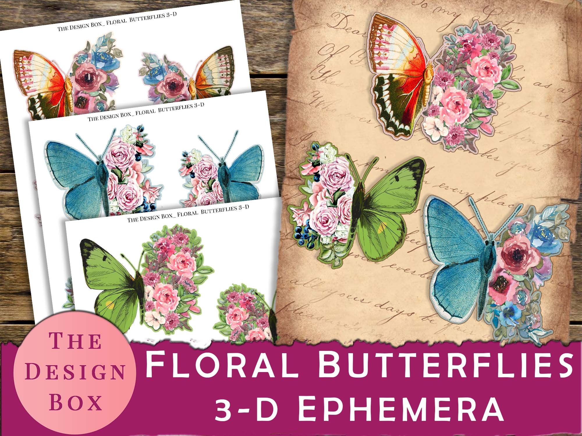 3-D Floral Butterflies, Butterfly Insert, Printable, Junk Journal ...