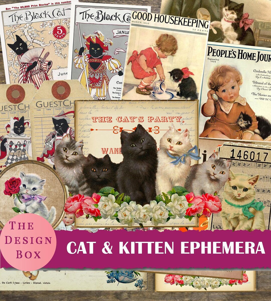 12 Cat & Kitten Ephemera Pack, Printable, Vintage Cat Ephemera, Junk ...