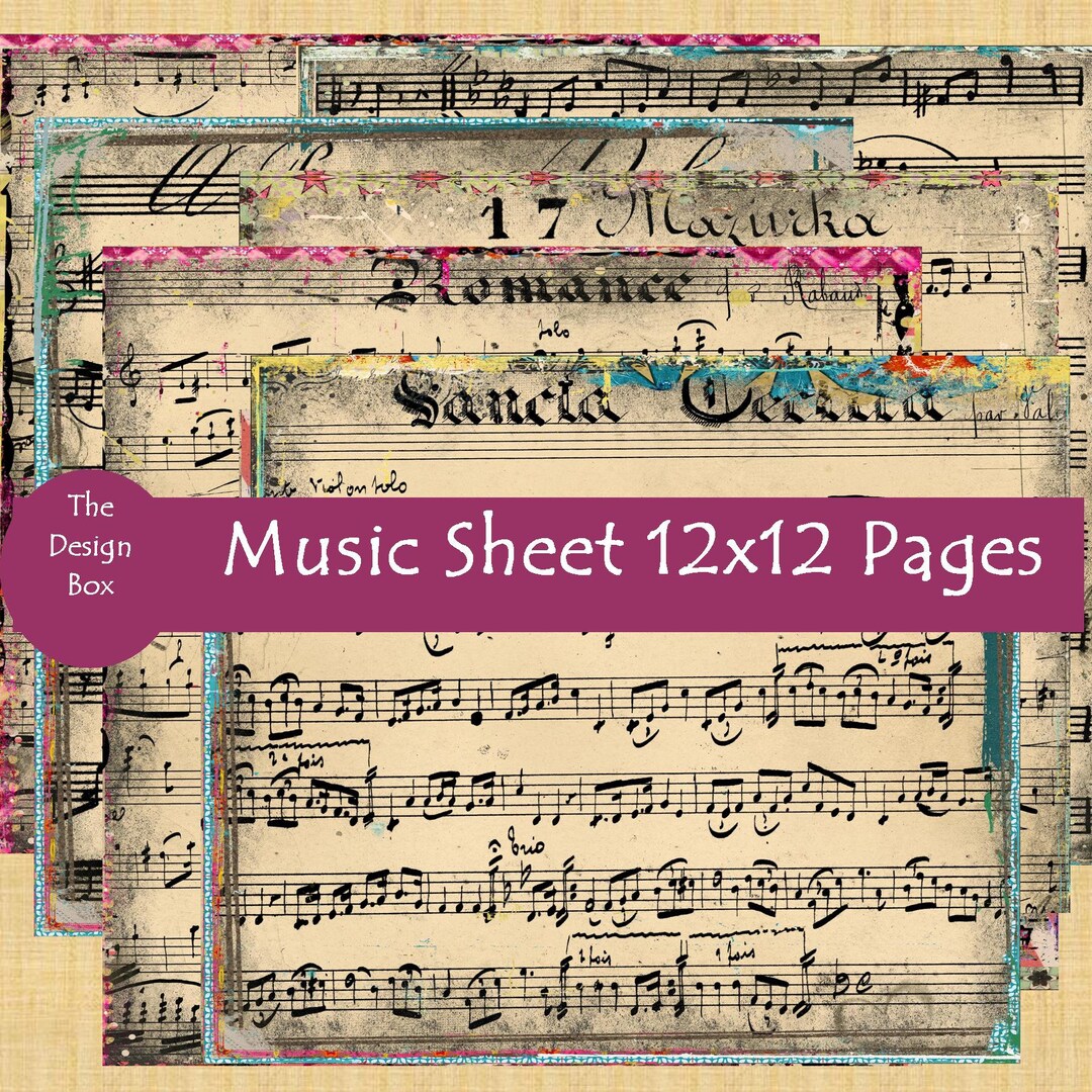 Vintage Music Sheet, 12x12 Digital Pages, Scrapbook, Junk Journal ...