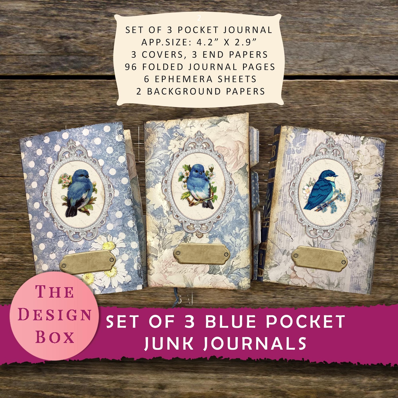 Blue Pocket Journal, Set of 3, Junk Journal, Printable, Blue, Vintage ...