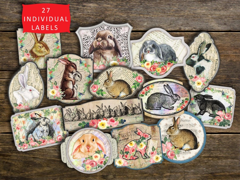 Rabbits & Roses, Labels, Printable Labels, Rabbit Embellishments, Bunny ...
