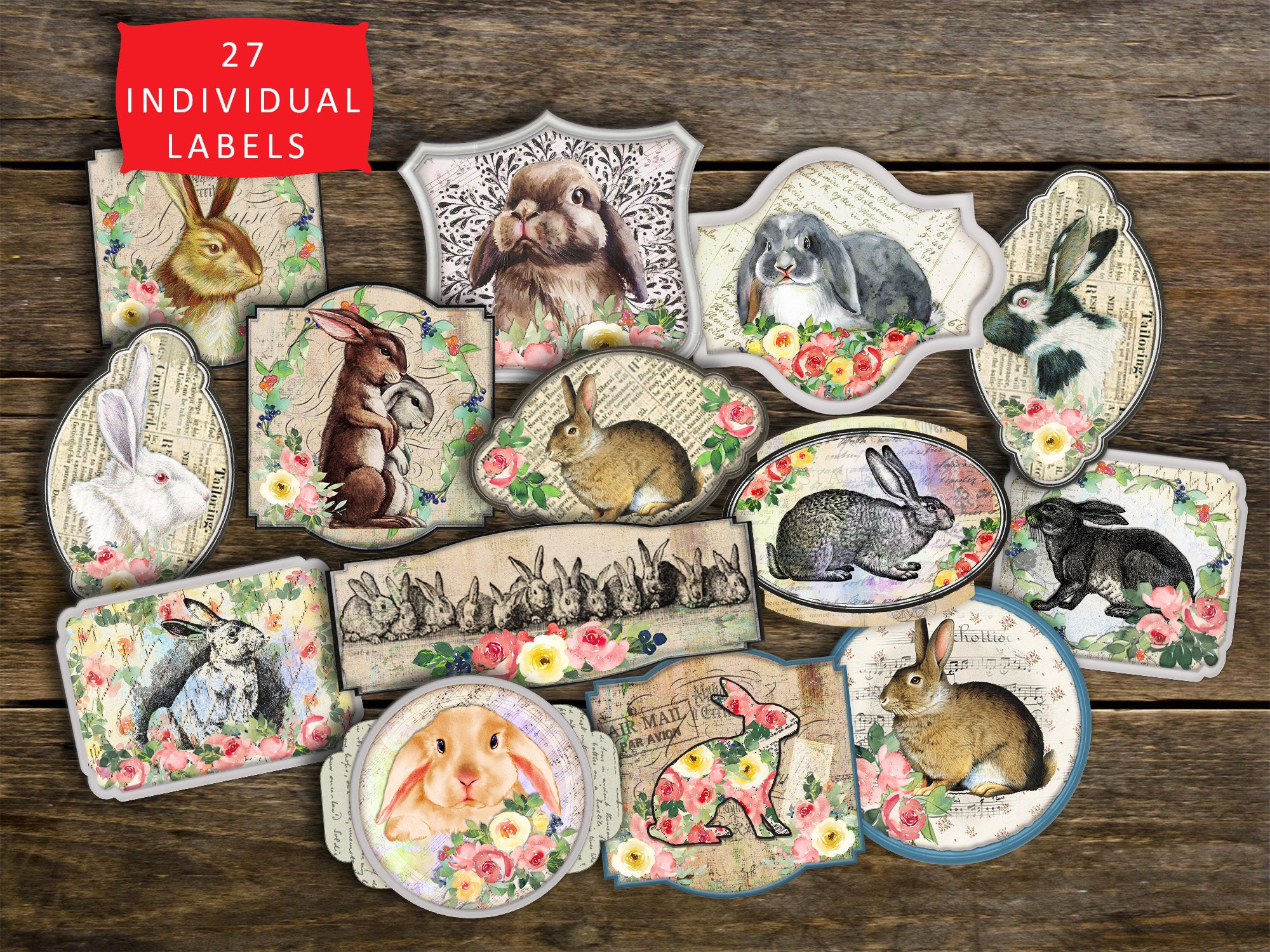 Rabbits & Roses, Labels, Printable Labels, Rabbit Embellishments, Bunny ...