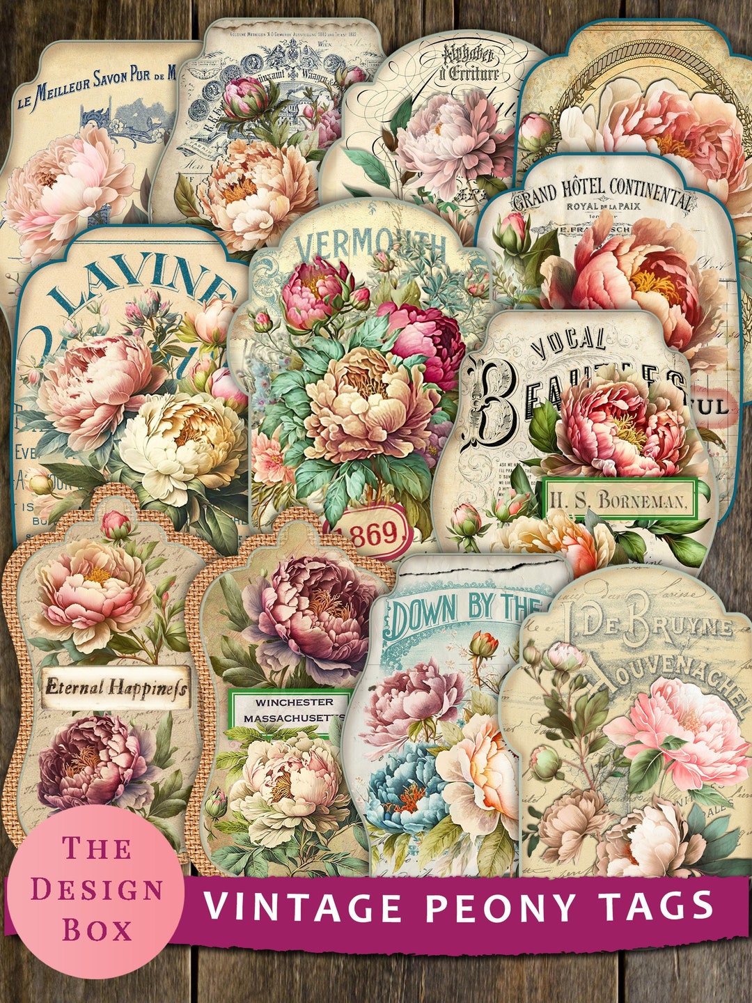 Vintage Peony Ephemera Tags, Peony Printables, Peony Labels, Peonies ...