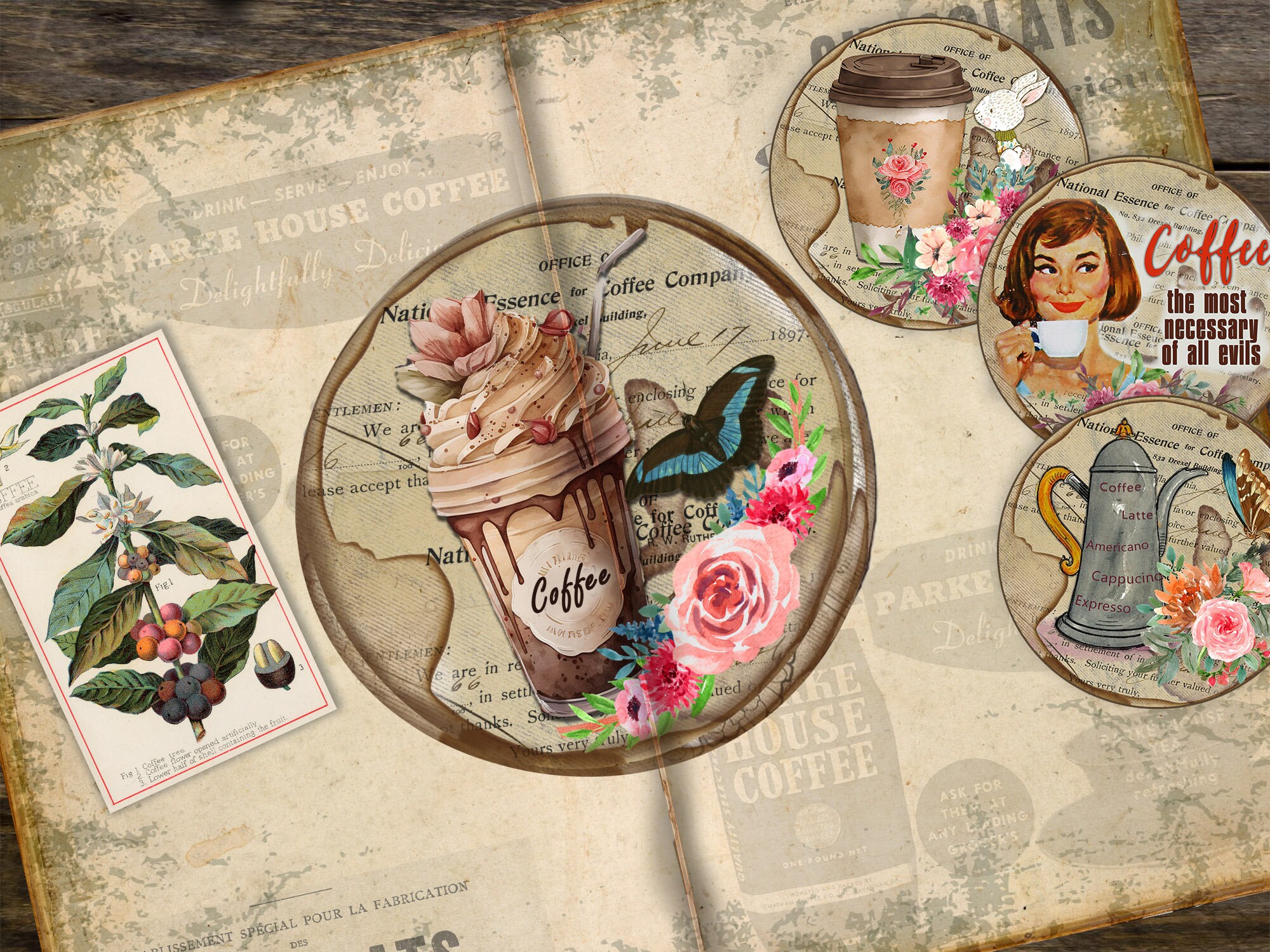 Coffee, Vintage Inserts, Printable Inserts, Junk Journal, Coffee ...