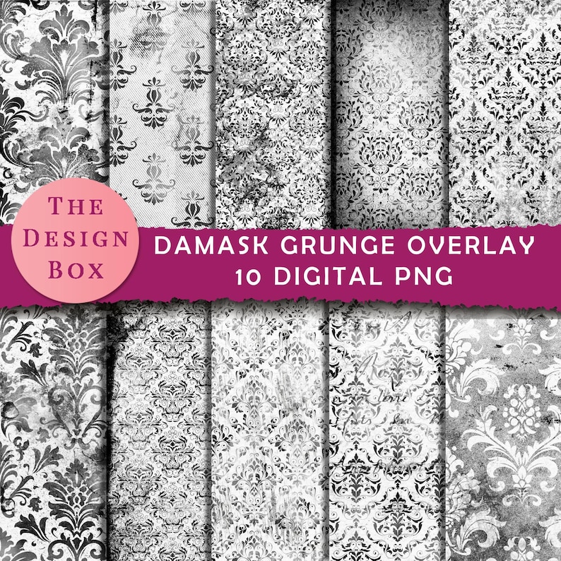 Damask Grunge Overlays, PNG, Junk Journal, Stamp, Texture Overlay ...