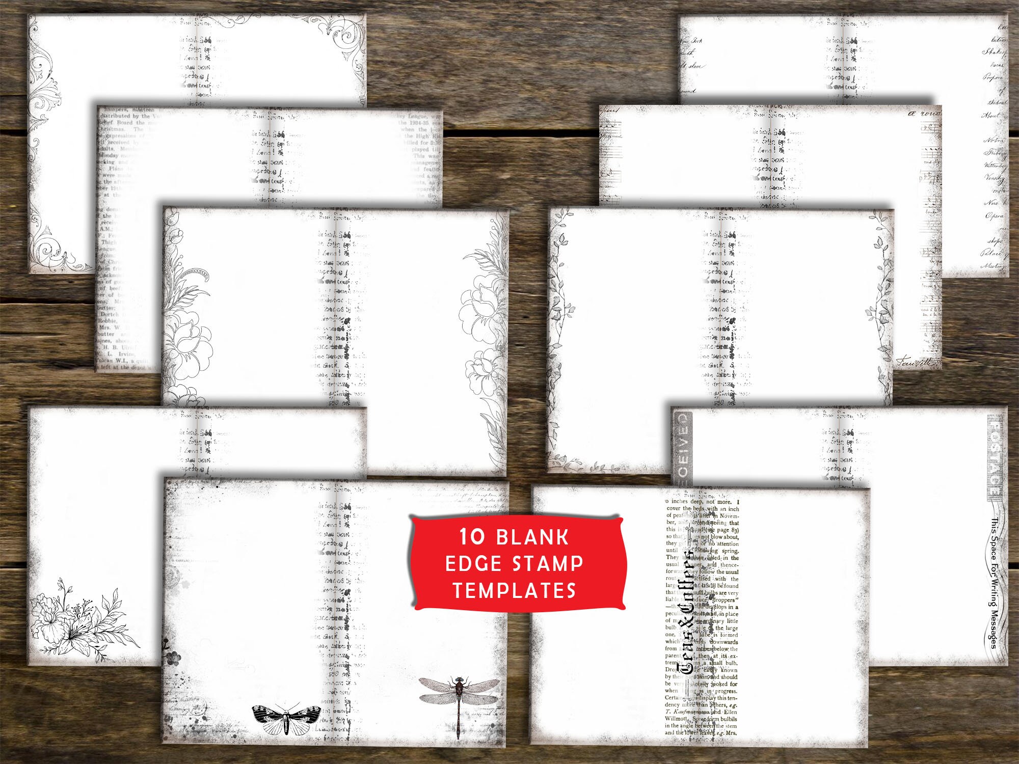 Stamp Edge Grunge, Templates, Ink Saver, Junk Journal, Black and White ...