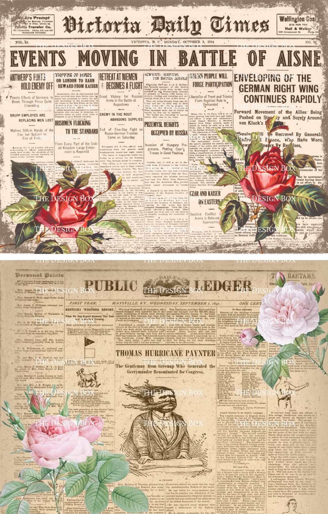 Old Newspaper & Roses Digital Paper Vintage Newsprint | Etsy
